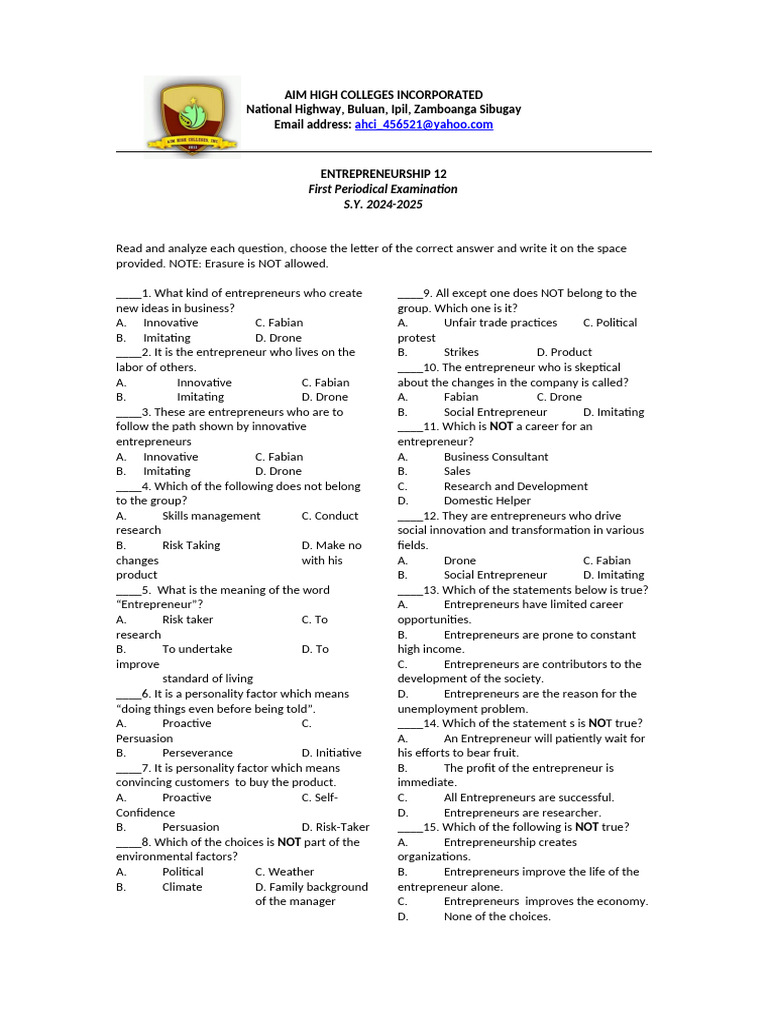 Entrep Exam | PDF | Entrepreneurship | Marketing