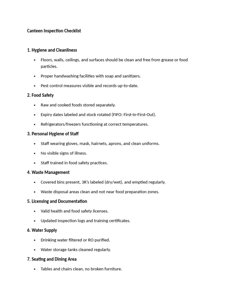 Canteen Inspection and Hygiene Checklist | PDF