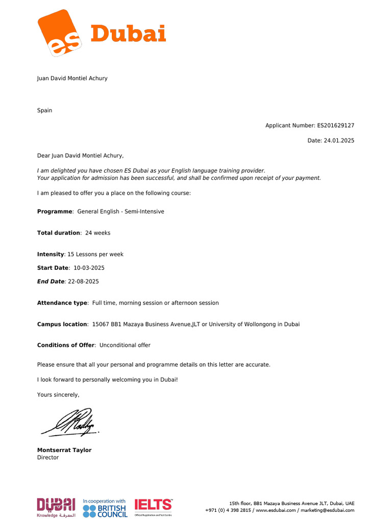 Offer LetterJuan David Montiel Achury STUDENT ID ES201629127 | PDF