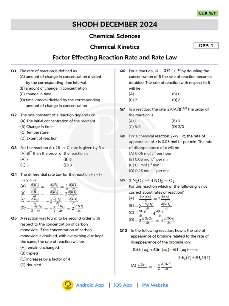 Chemical Kinetics DPP 01 - of Lec 02 | PDF | Reaction Rate | Chemical Kinetics