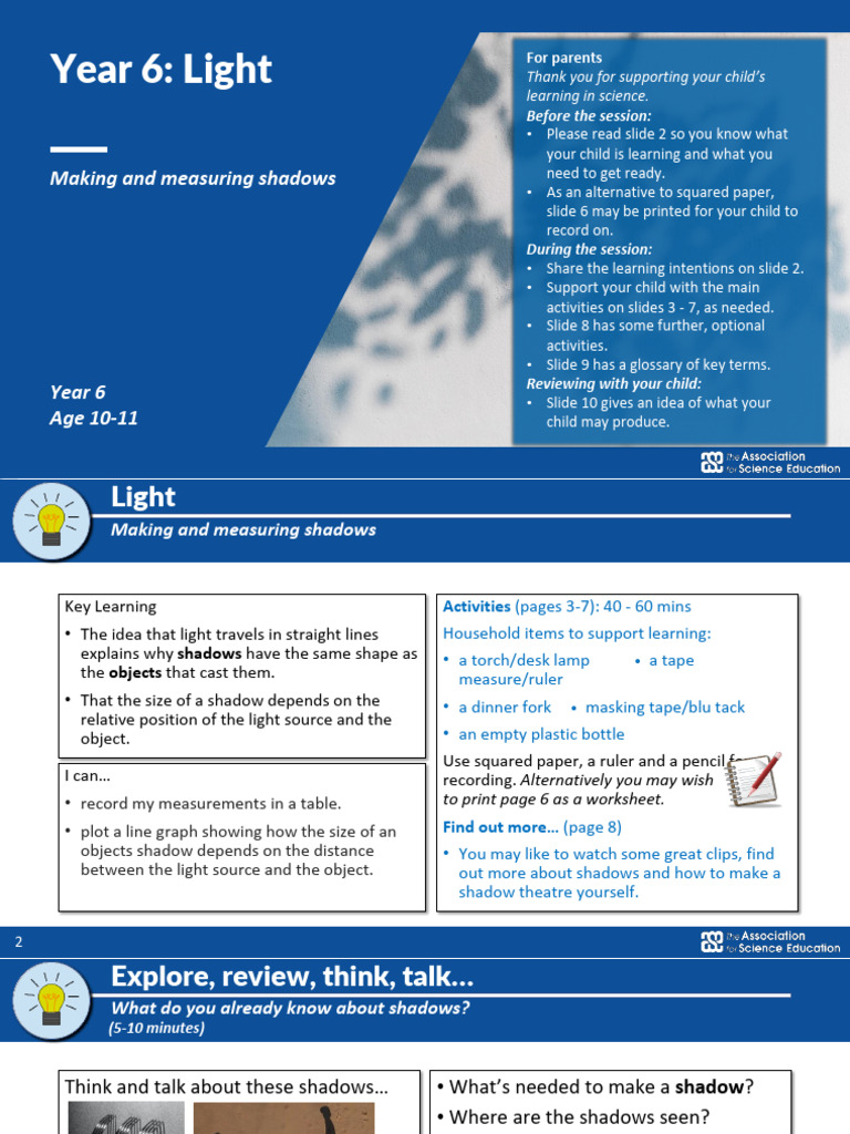 Year 6a Light Lesson 3 Making and Measuring Shadows | PDF | Shadow | Light