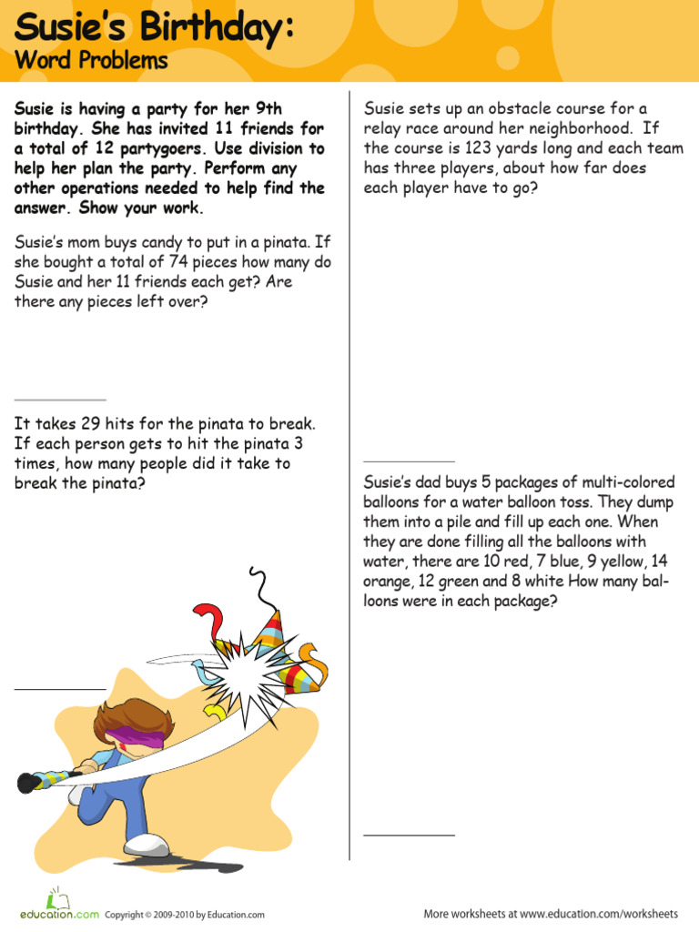 Susie's Birthday Party Math Problems | PDF