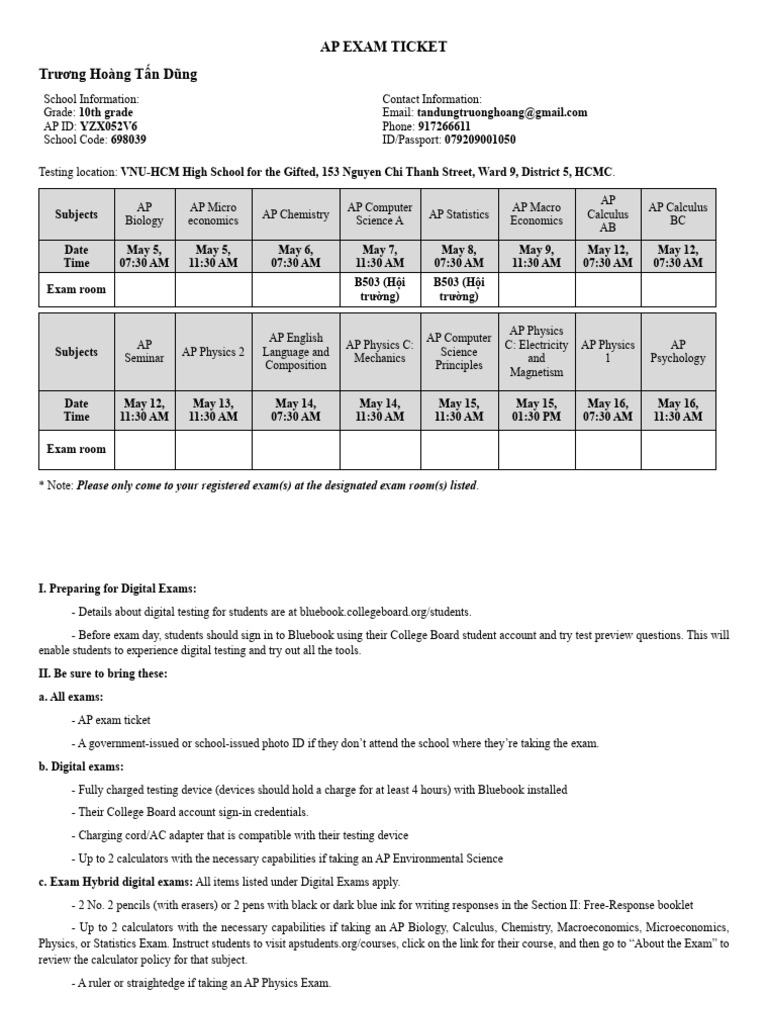 AP Exam Ticket for Trương Hoàng Tấn Dũng | PDF | Advanced Placement