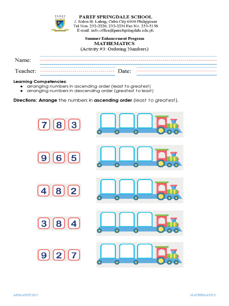 Activity #3 - Ordering Numbers | PDF