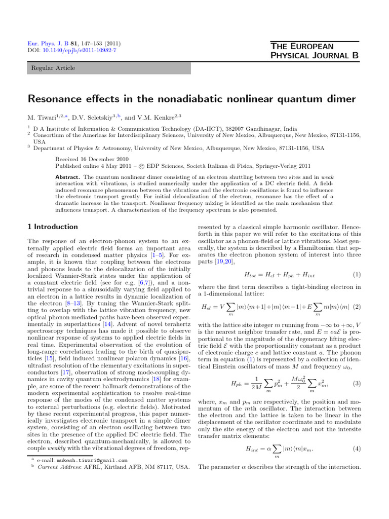 Resonance Effects in The Nonadiabatic Nonlinear Quantum Dimer 10 ...