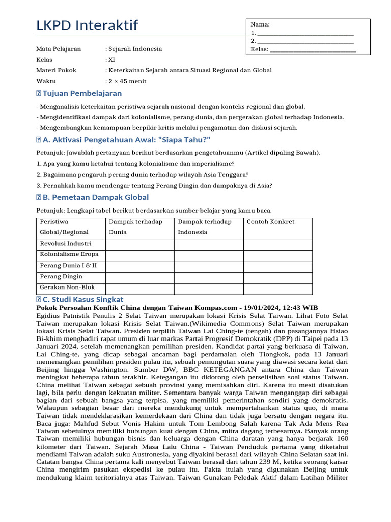 LKPD Keterkaitan Sejarah Regional Global Kelas XI 1 B | PDF