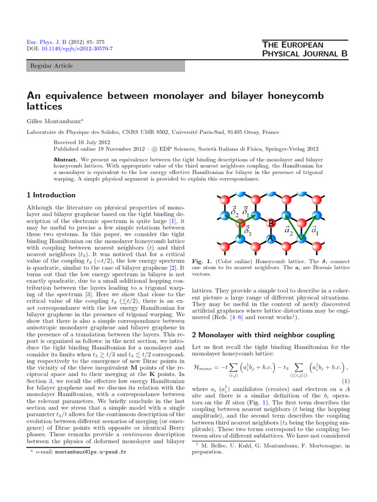 An Equivalence Between Monolayer and Bilayer Honeycomb Lattices 10.1140epjbe2012-30570-7 - Sci ...