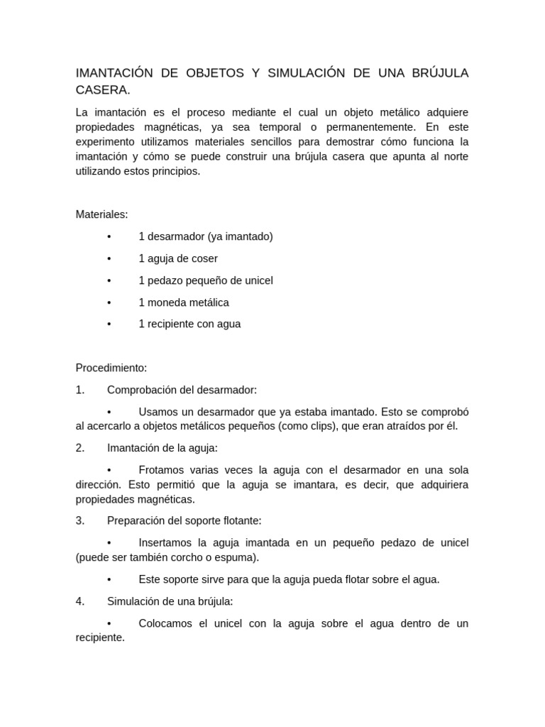 Experimento de Imantación y Brújula Casera | PDF | Imán | Magnetismo