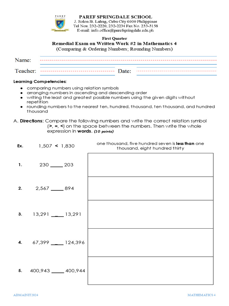 Remedial Exam on Written Work #2_ Comparing & Ordering Numbers ...