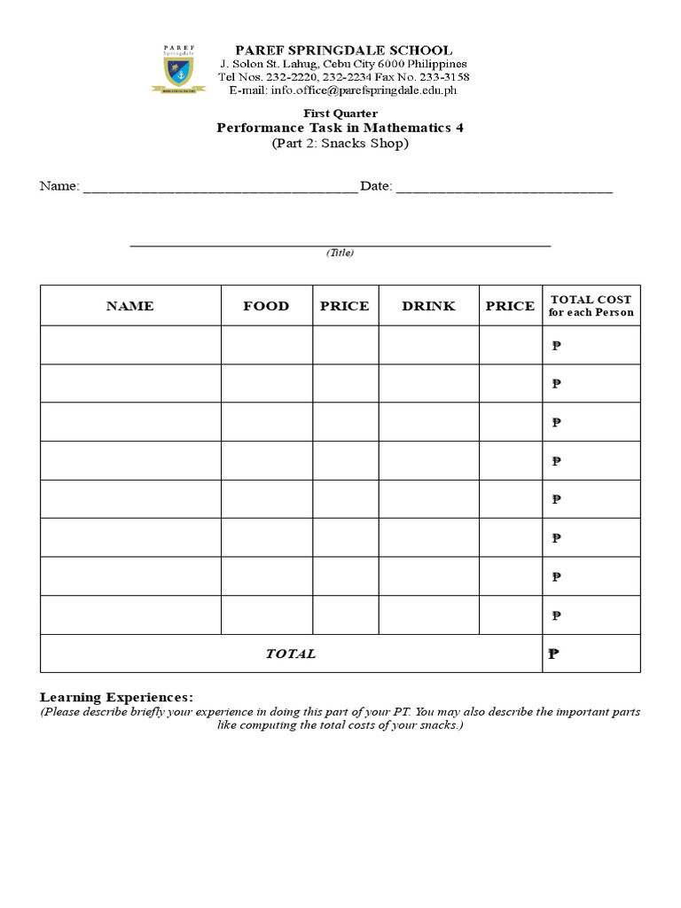 Math Performance Task: Snack Shop | PDF