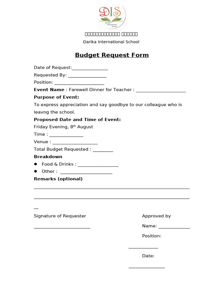 Farewell Dinner Budget Request Form | PDF