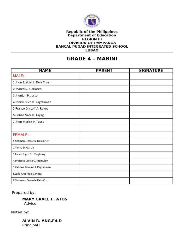 Grade 4 Student Parent List 2025-2026 | PDF