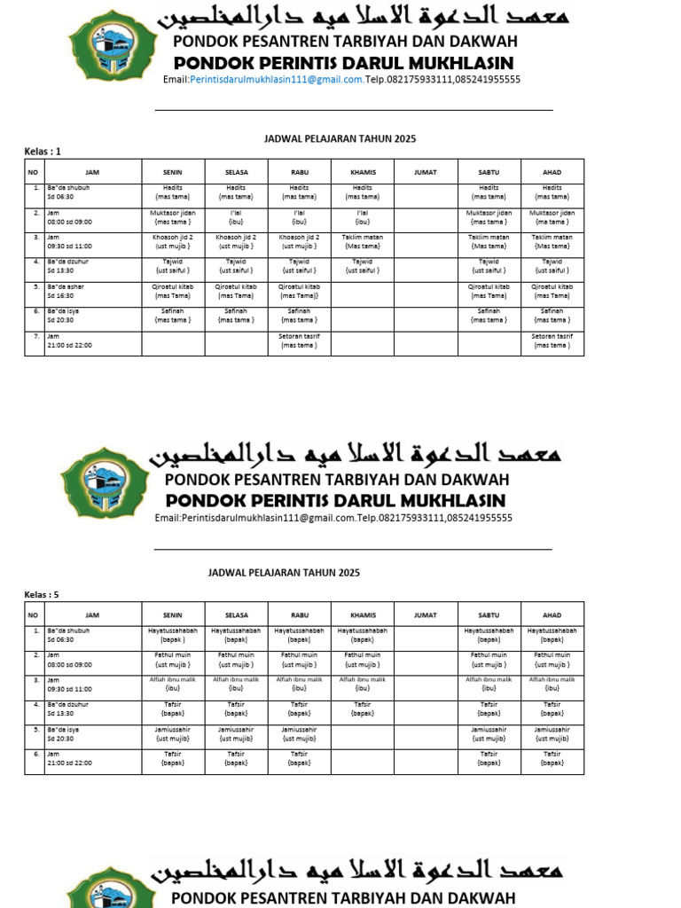 Jadwal Pelajaran Pondok 2025 | PDF