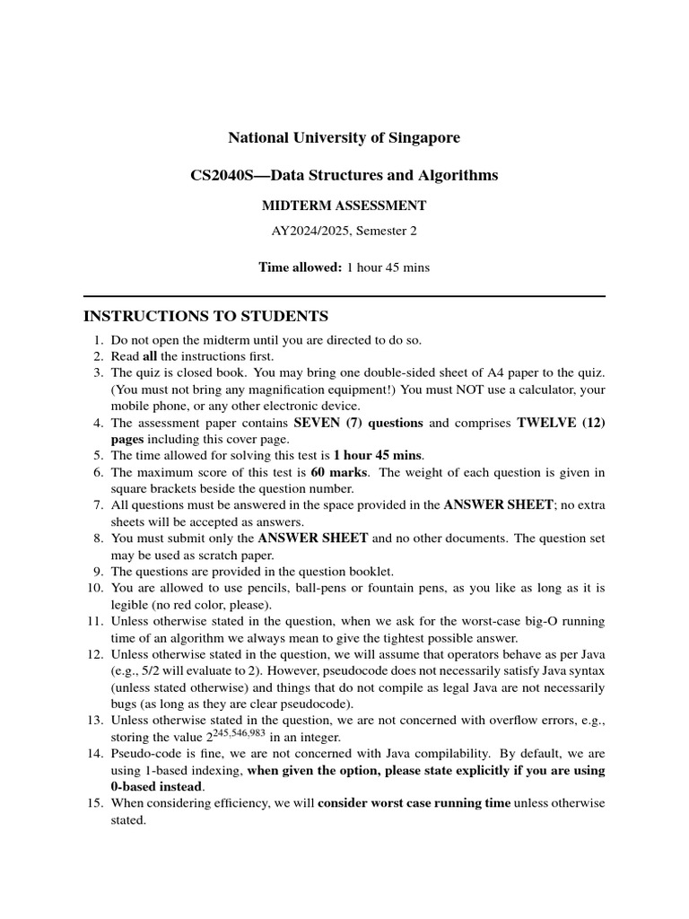 NUS CS2040S Midterm Assessment Guide | PDF | Algorithms And Data ...