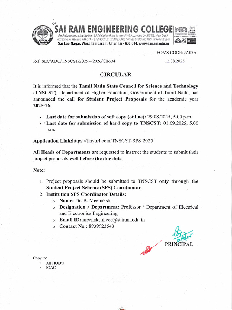 Circular - TNSCST - Student Proejct Proposals 2025 | PDF