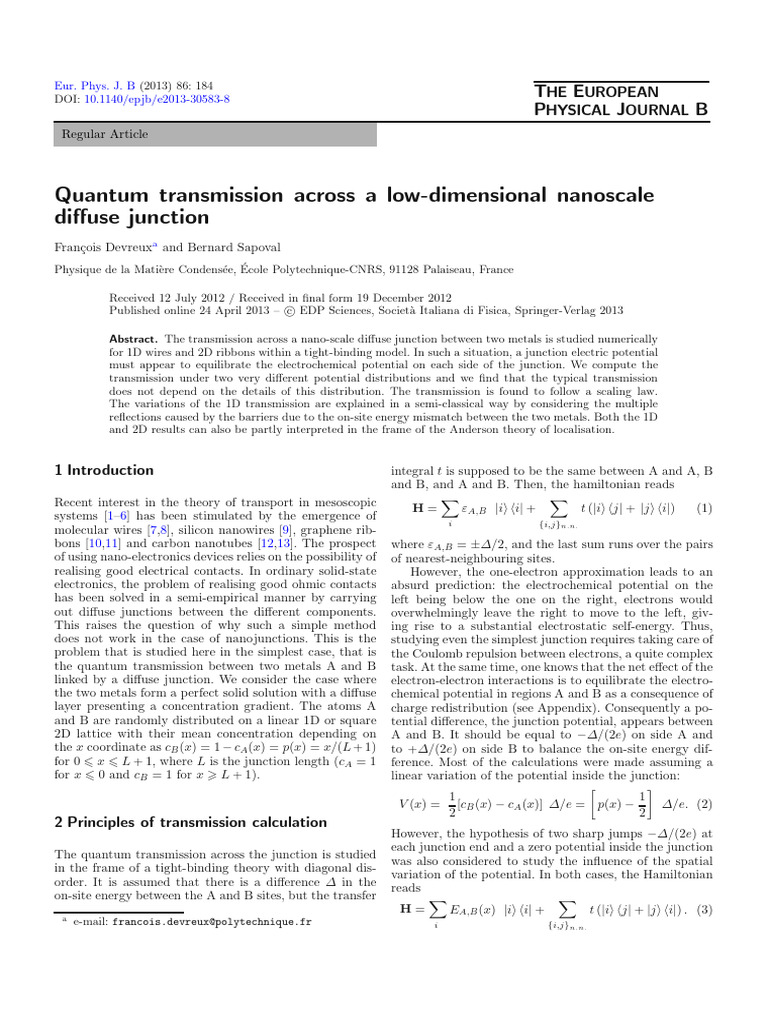 Quantum Transmission Across A Low-Dimensional Nanoscale Diffuse ...