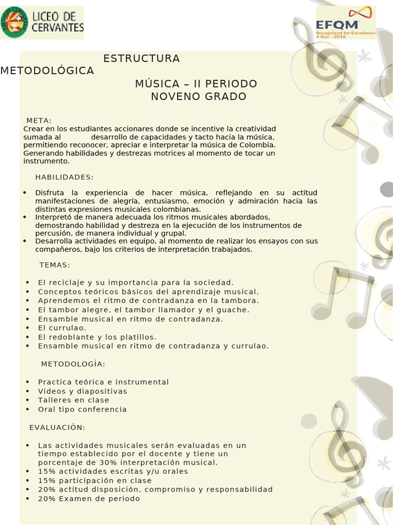 Estructura Metodológica Área Musical 9° | PDF