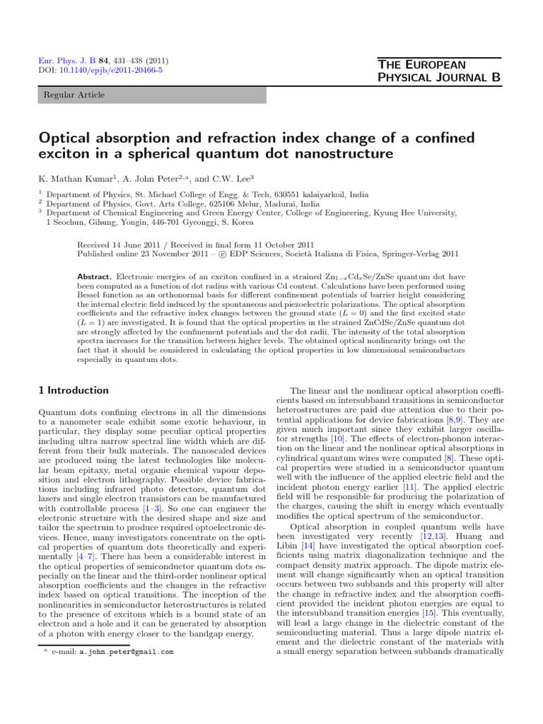Optical Absorption and Refraction Index Change of A Confined Exciton in A Spherical Quantum Dot ...
