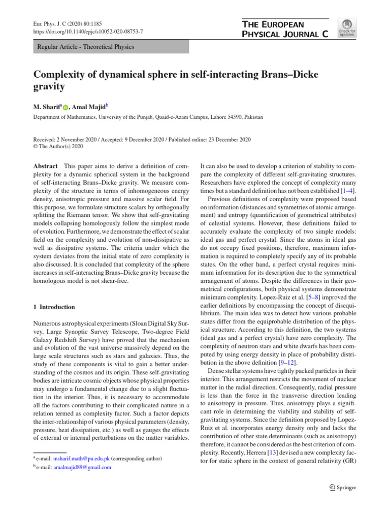 Complexity of Dynamical Sphere in Self-Interacting Brans-Dicke Gravity | PDF | Physical Sciences ...