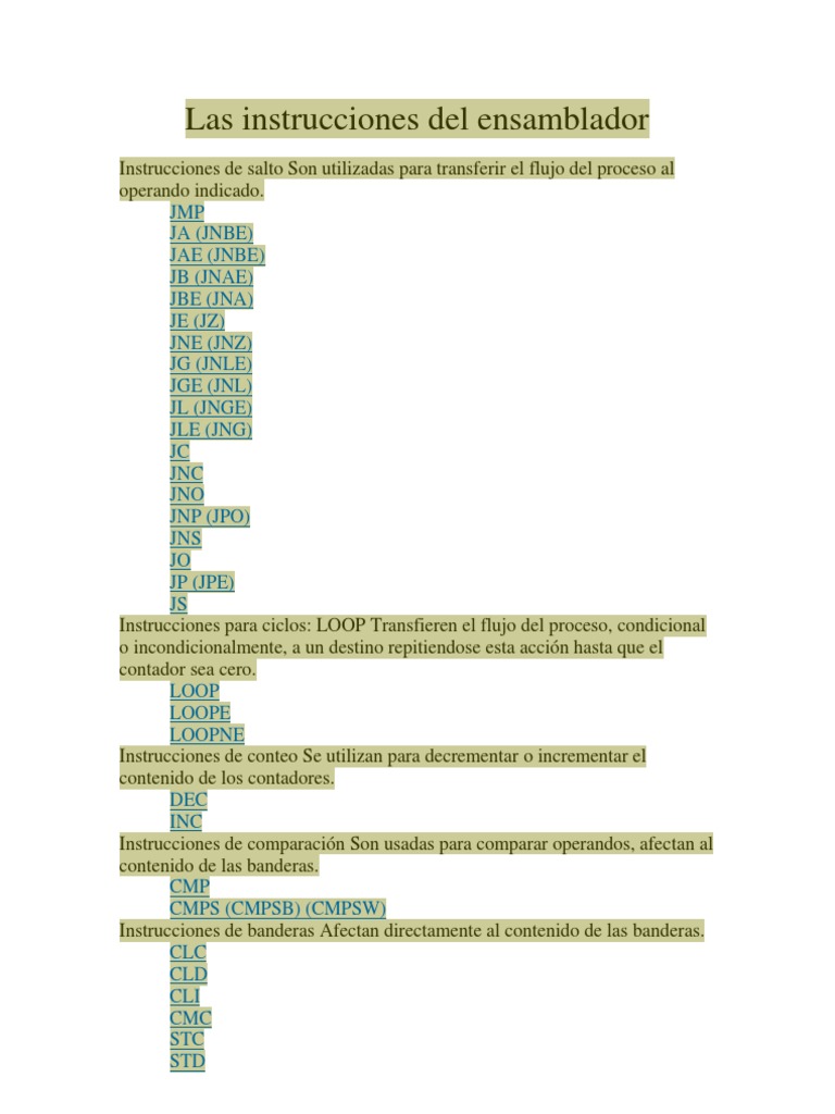 Las Instrucciones Del Ensamblador | Lenguaje ensamblador | Programa de ...