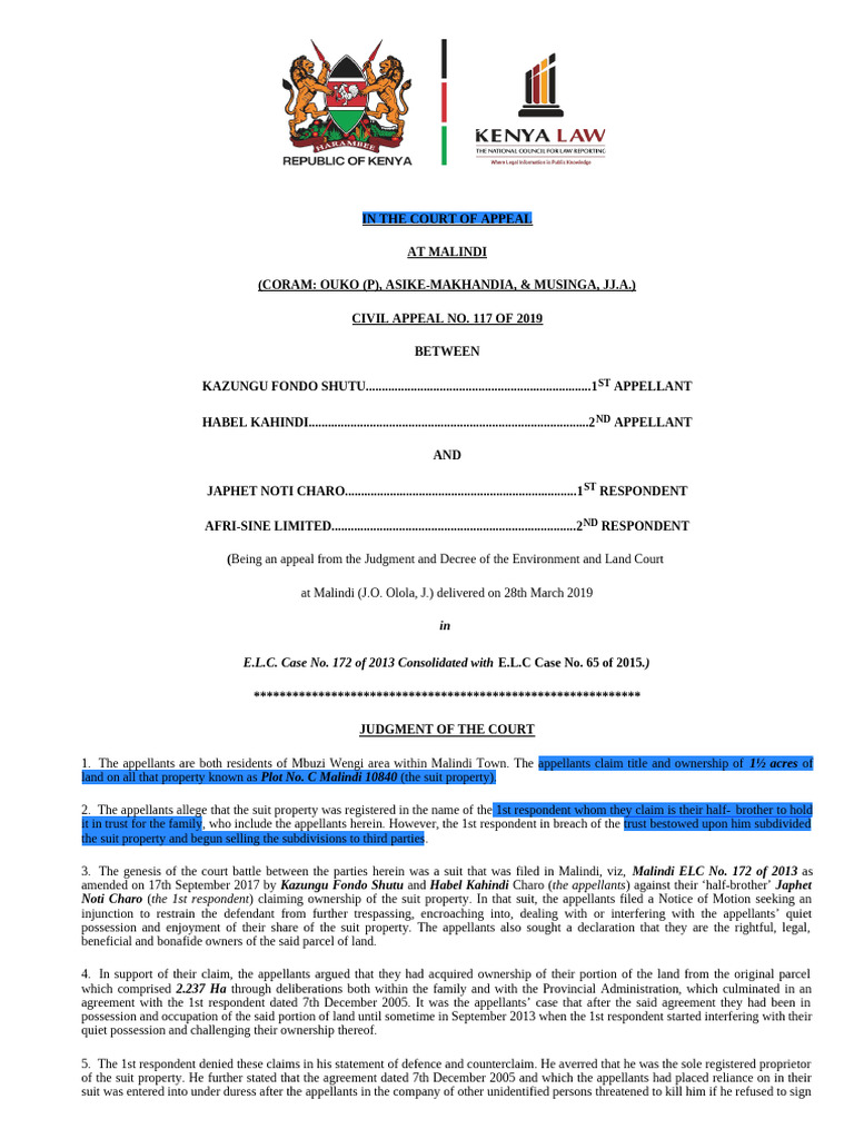 Kazungu Fondo Shutu another v Japhet Noti Charo another 2021KECA592(KLR) | PDF | Lawsuit ...