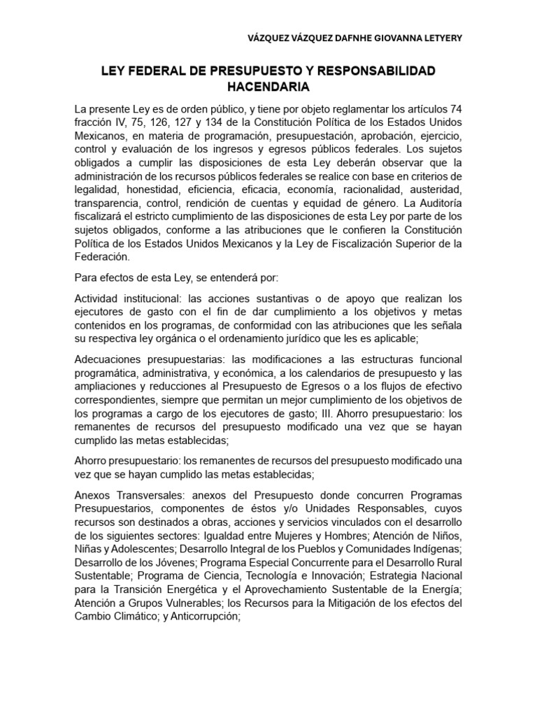 Resumen Sintetico Ley Federal de Ppto. y Respons. Hacendaria | PDF | Presupuesto | Salario