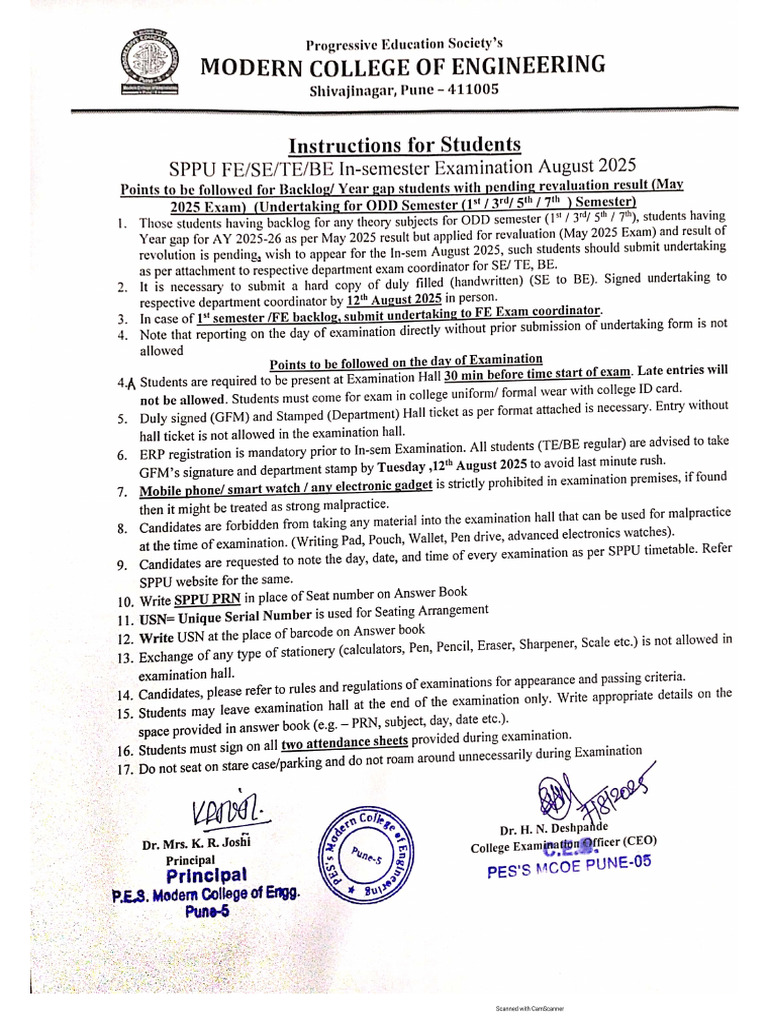 1 FE To BE Insem Exam August 2025 - Student Notice | PDF