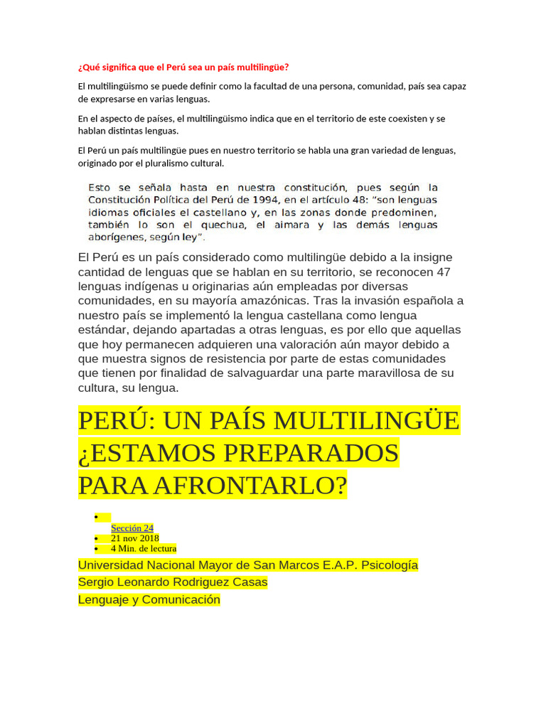 Qué Significa Que El Perú Sea Un País Multilingüe | PDF