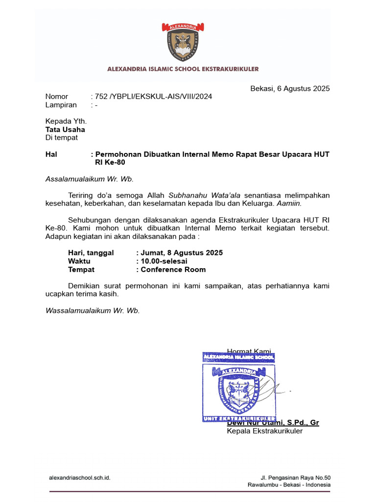 Permohonan Memo Rapat HUT RI Ke-80 | PDF