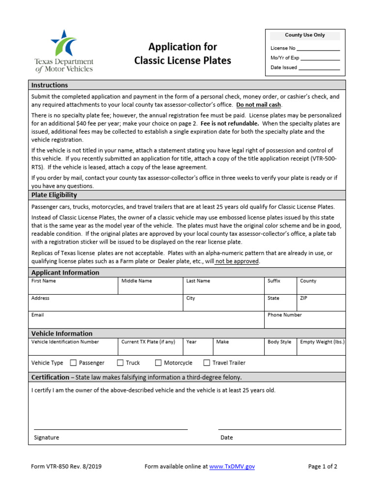 Classic License Plates Application TX | PDF | Vehicle Registration ...