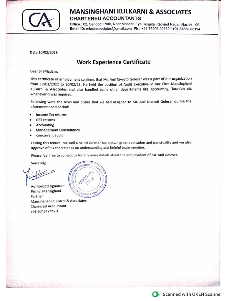 MK Experience Letter | PDF