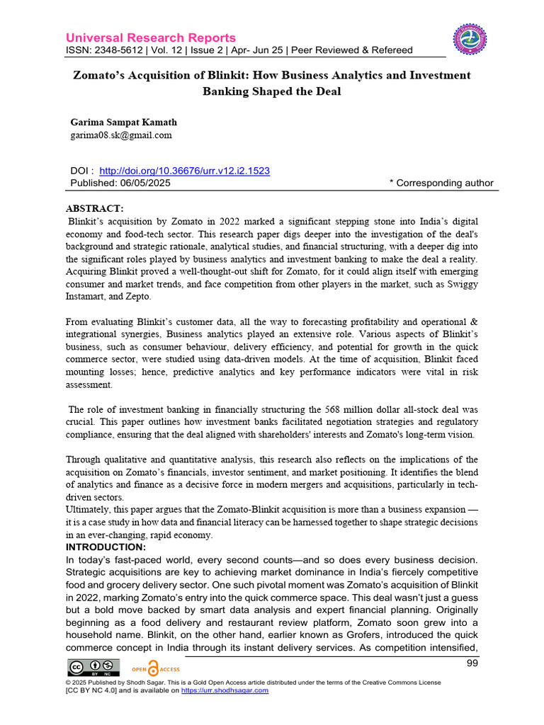 Zomato's Strategic Blinkit Acquisition Analysis | PDF | Mergers And ...