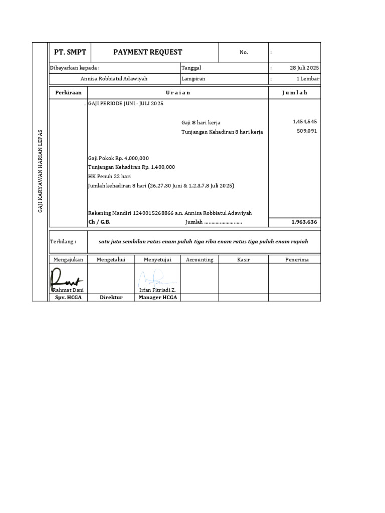 Payment Request - Gaji Annisa Robbiatul A | PDF