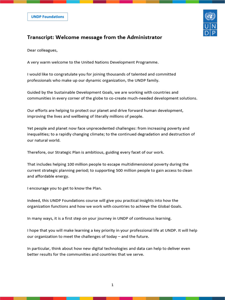 Transcript-Welcome Message From the Administrator | PDF | United ...