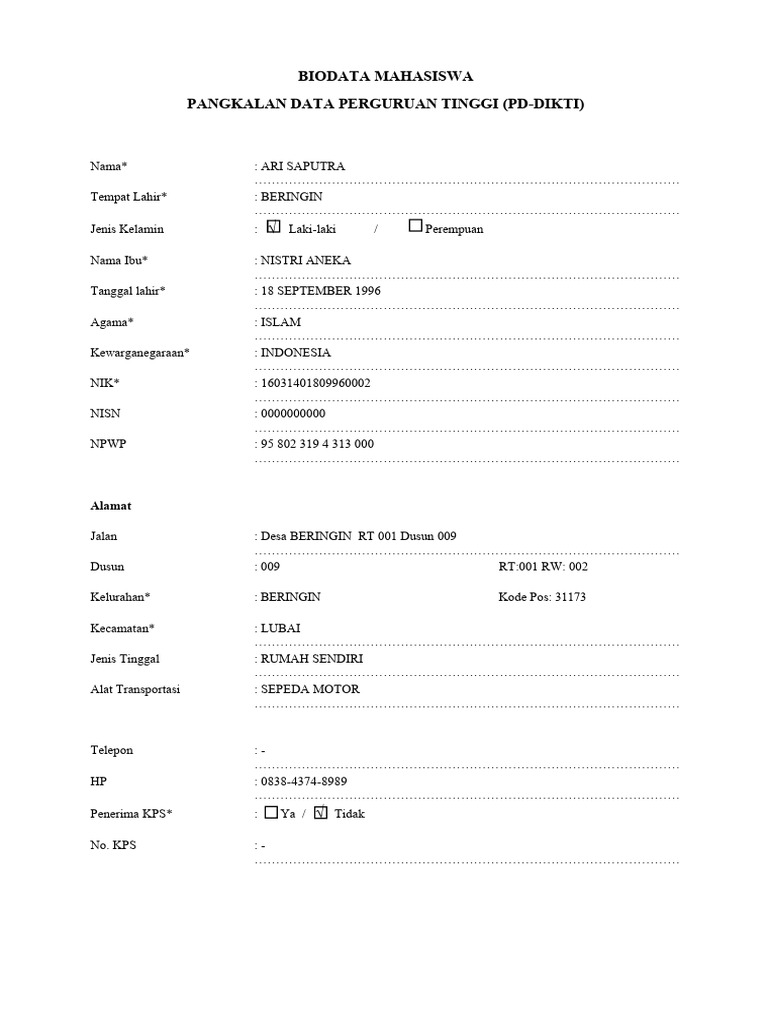 Form Biodata Lapor Diri PDPT PD Dikti | PDF