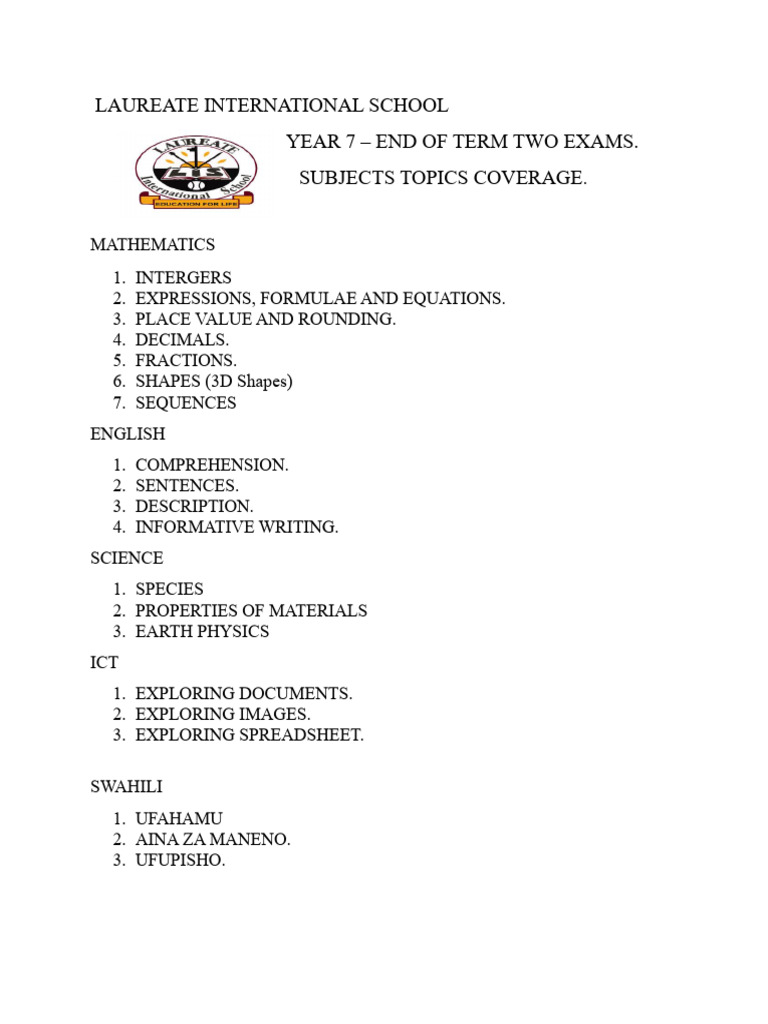 Year 7 End of Term Two Exams Topics Coverage. | PDF