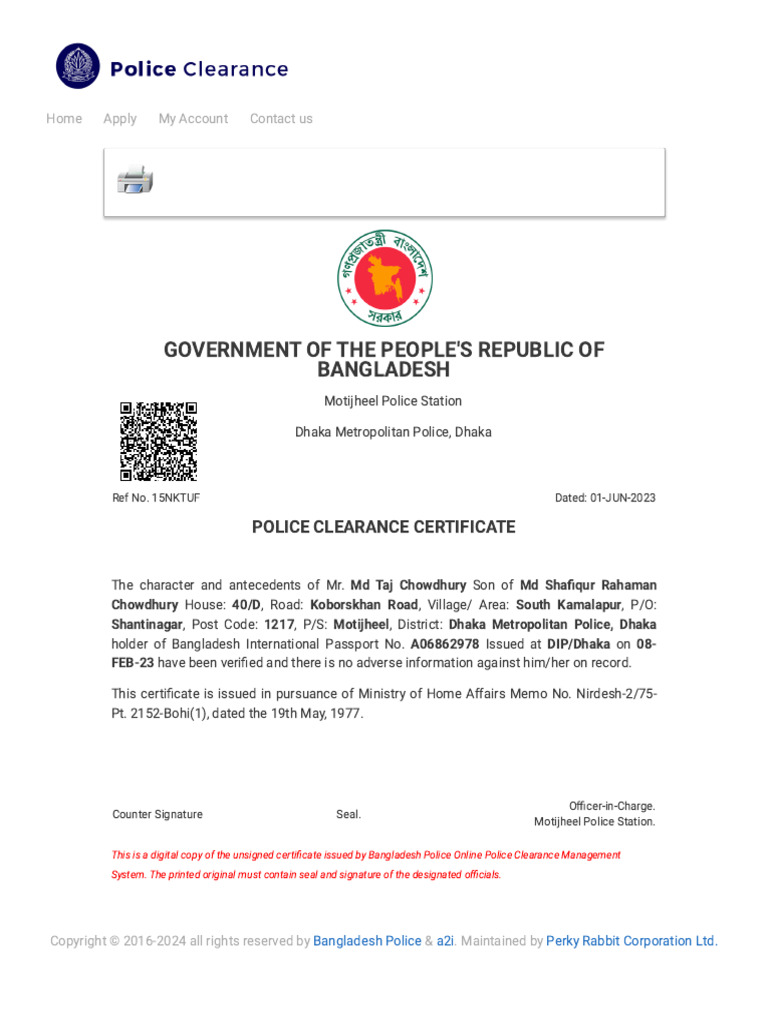 Bangladesh Police Clearance Certificate | PDF