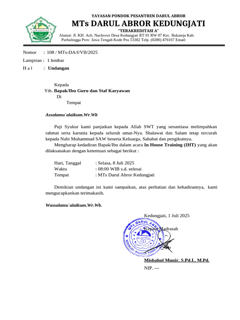 Undangan In House Training MTs Darul Abror | PDF