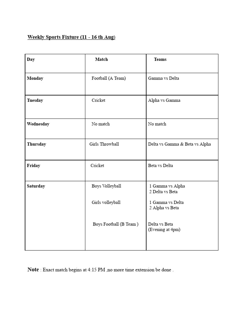 Weekly Sports Fixtures: Aug 11-16 | PDF