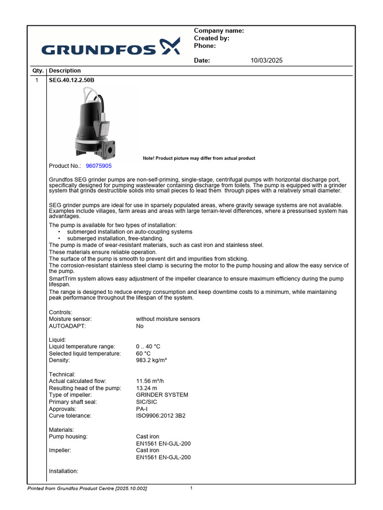 Grundfos SEG Grinder Pump Model 96075905 | PDF | Pump | Mill (Grinding)