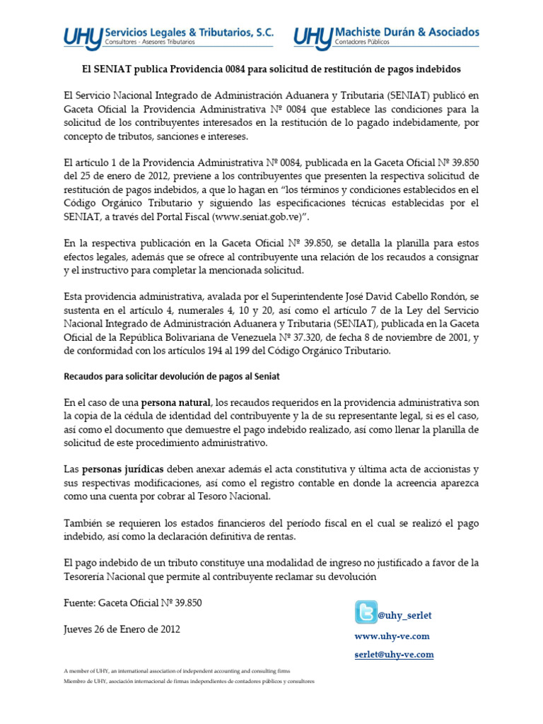 Providencia No. 0084 Que Establece Las Condiciones para Solicitud de Restitucin de Pagos ...