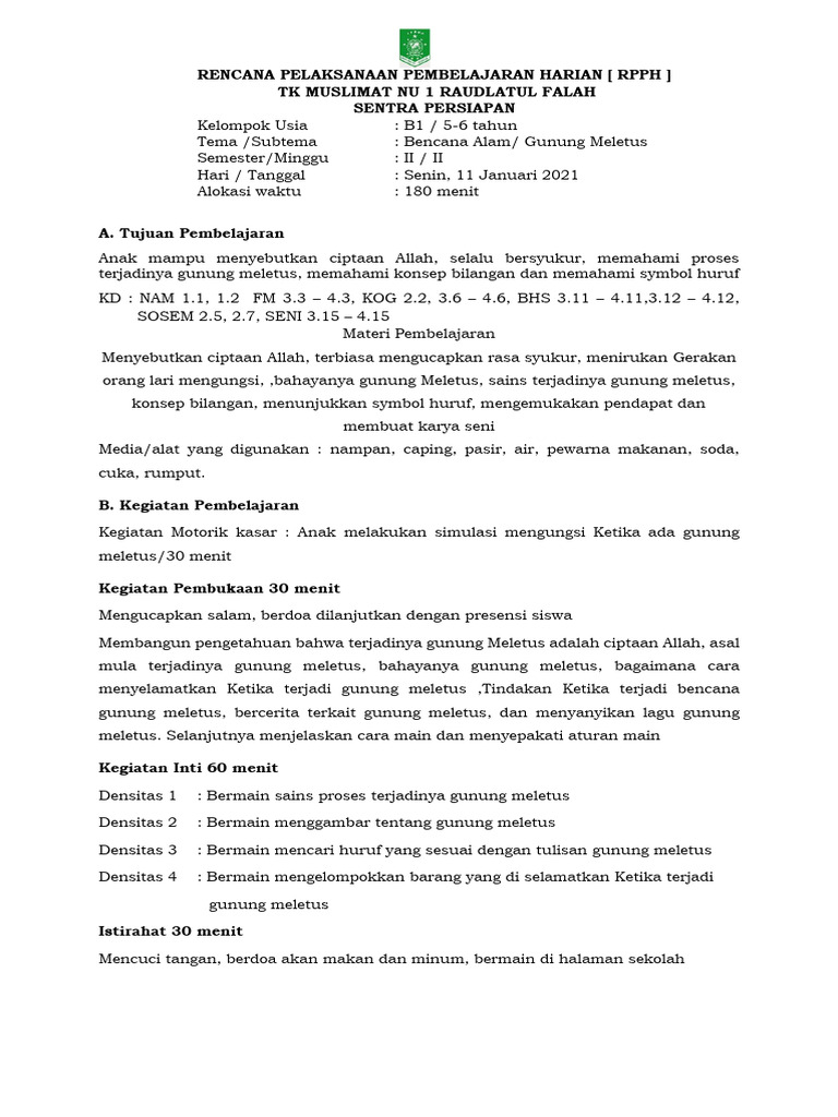 RPPH Tema Gunung Meletus untuk TK | PDF