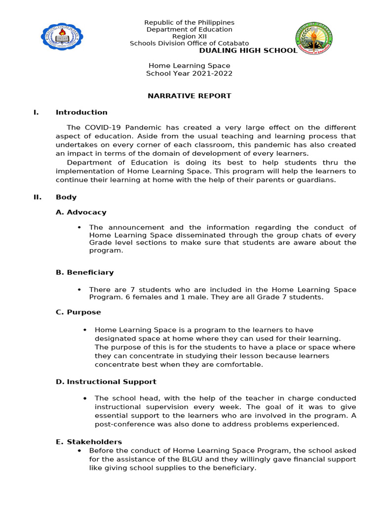 HLS Narrative Report of Dualing High School | PDF | Learning | Teachers