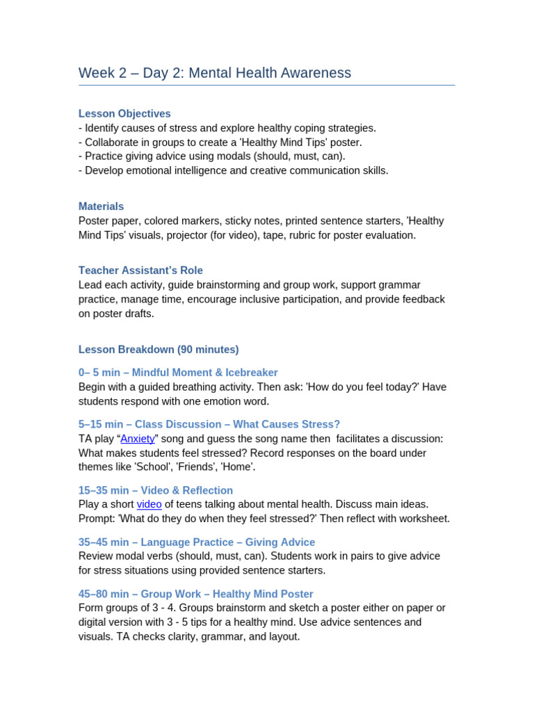 Lesson 2 Project Week2 Day 2 Healthy Minds Lesson Plan | PDF | Mental ...