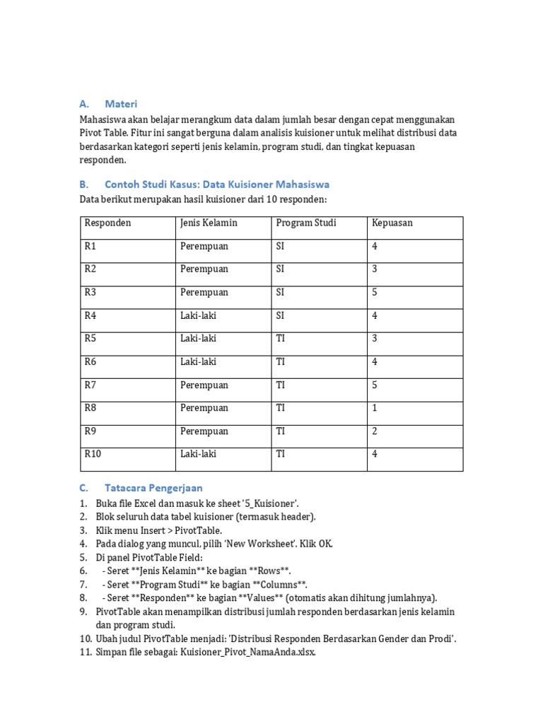 Materi Excel PivotTable Kuisioner | PDF