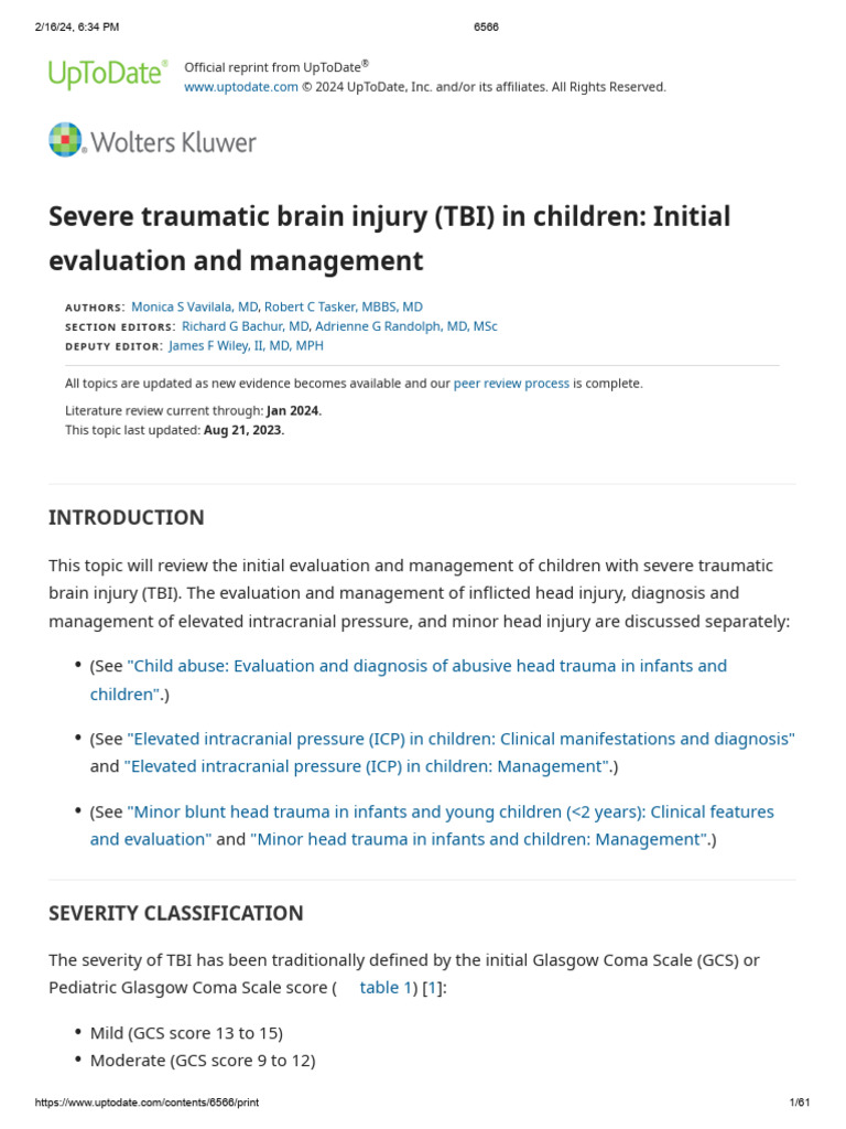 UpToDate. 2024 Severe Traumatic Brain Injury (TBI) in Children. Initial ...