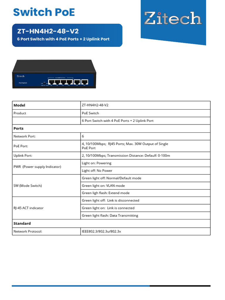 Zitech Switch PoE Datasheet 4 | PDF | Network Switch | Computer Network