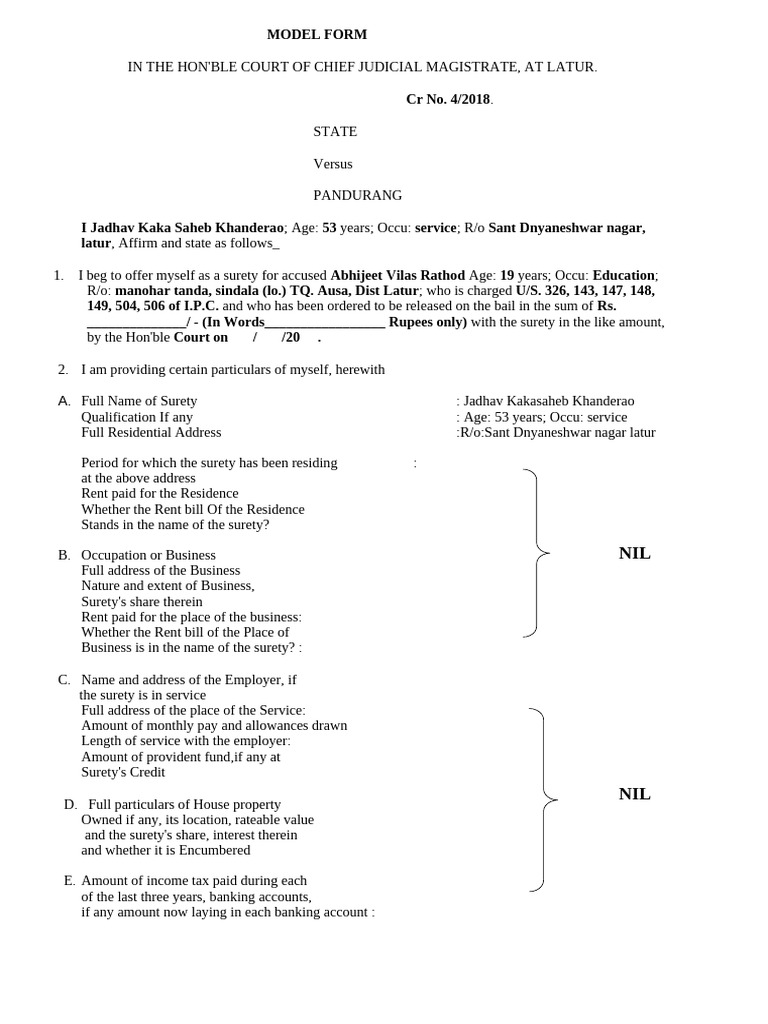 Bail Surety Form for Accused | PDF | Bail | Public Law