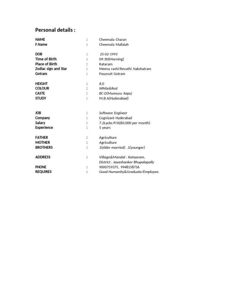 Personal Profile of Cheemala Charan | PDF