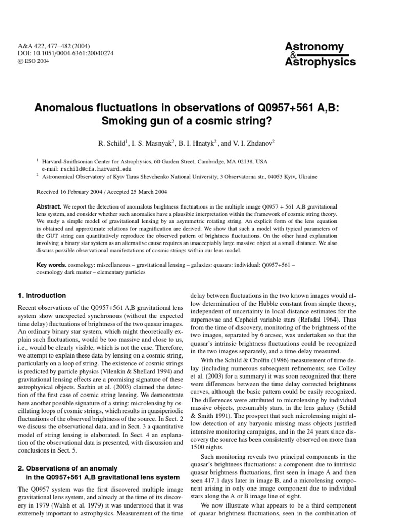 Cosmic String Lensing Model Explains Q0957+561 Anomalies | PDF | Quasar ...